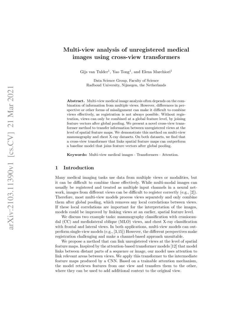 Multi View Analysis Of Unregistered Medical Images Using Cross View