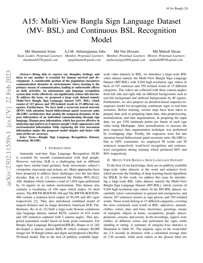 Multi-View Bangla Sign Language(MV-BSL) Dataset and Continuous BSL Recognition | DeepAI
