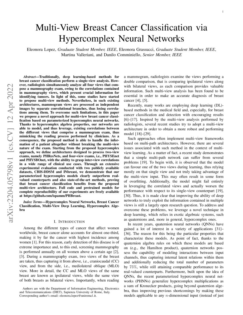 Multi View Breast Cancer Classification Via Hypercomplex Neural Networks Deepai