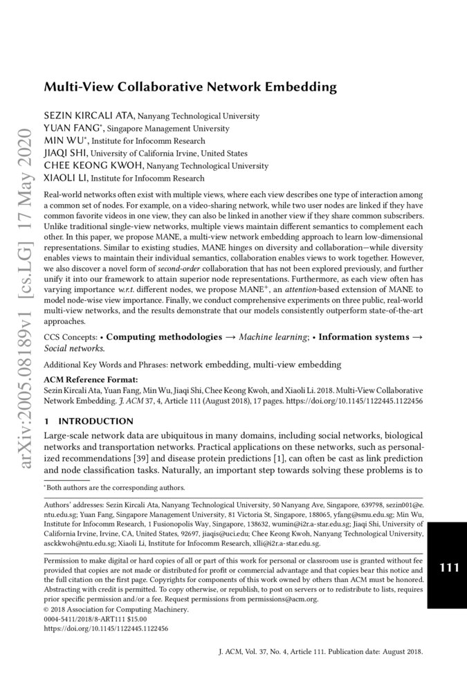 Multi View Collaborative Network Embedding Deepai