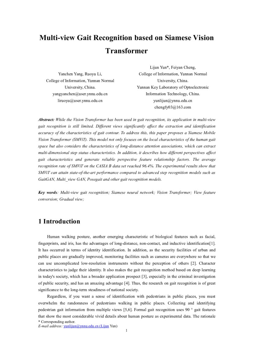 Multi View Gait Recognition Based On Siamese Vision Transformer Deepai