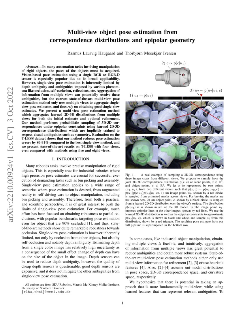 Multi View Object Pose Estimation From Correspondence Distributions And Epipolar Geometry Deepai