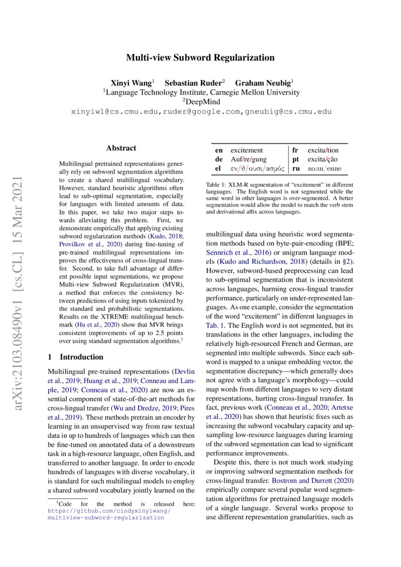 Multi-view Subword Regularization | DeepAI