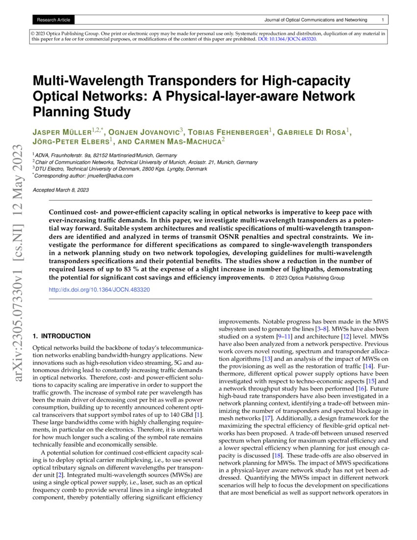 Multi-Wavelength Transponders for High-capacity Optical Networks: A ...