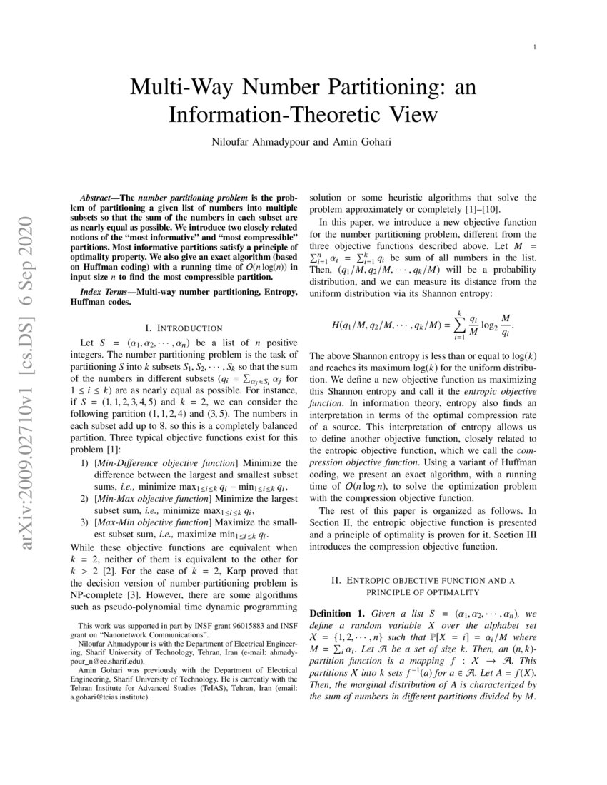 Multi Way Number Partitioning An Information Theoretic View Deepai