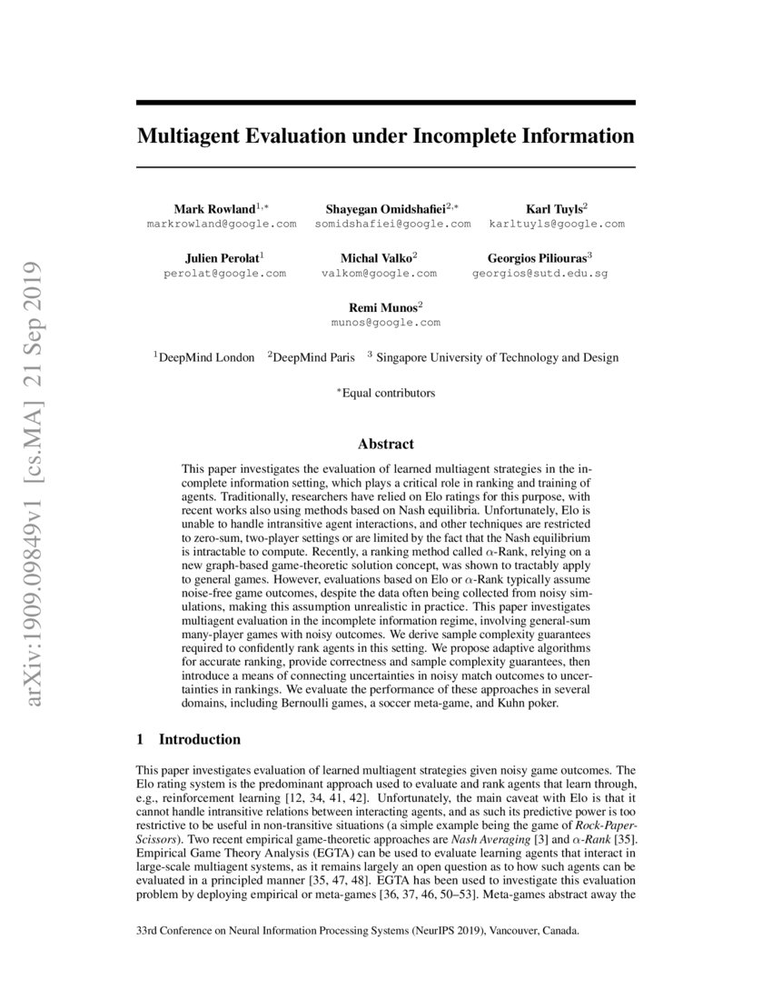 Multiagent Evaluation under Incomplete Information | DeepAI