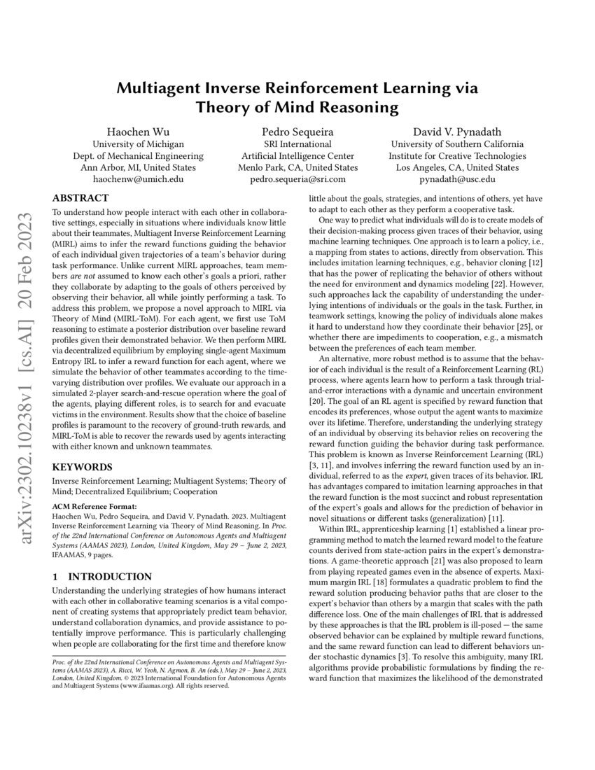 Multiagent Inverse Reinforcement Learning Via Theory Of Mind Reasoning Deepai