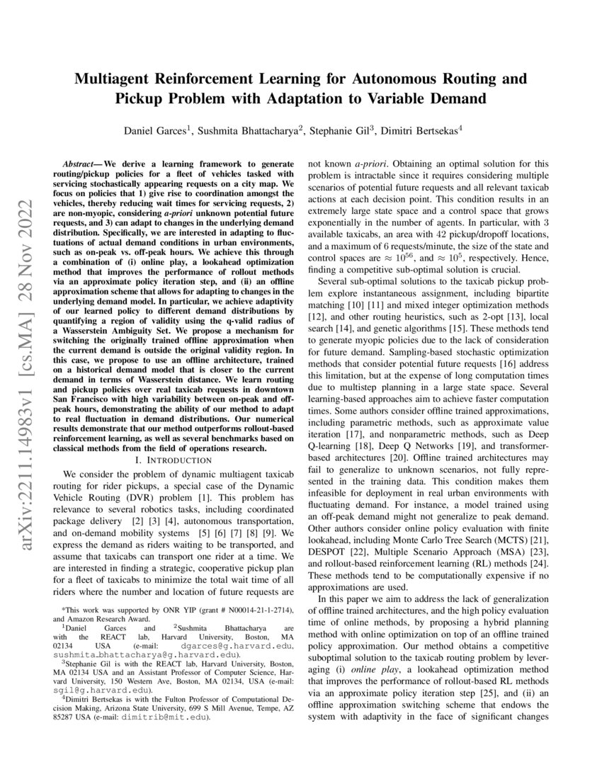 Multiagent Reinforcement Learning For Autonomous Routing And Pickup