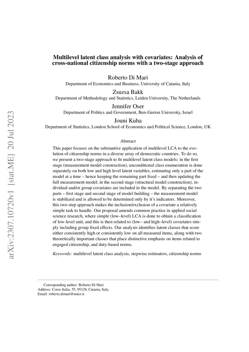 Multilevel Latent Class Analysis With Covariates Analysis Of Cross 