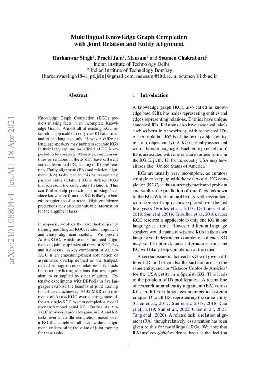 Multilingual Knowledge Graph Completion with Joint Relation and Entity Alignment | DeepAI