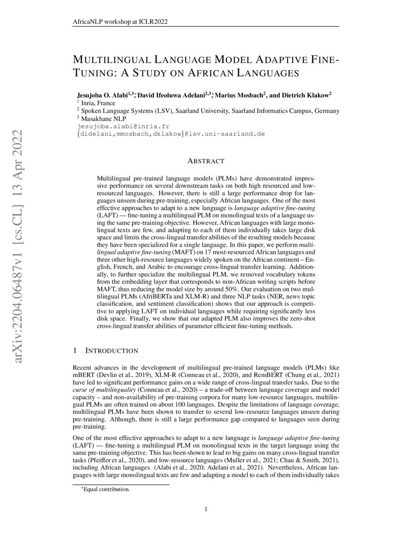 Multilingual Language Model Adaptive Fine-Tuning: A Study on African Languages | DeepAI