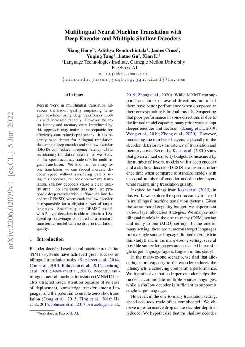 Multilingual Neural Machine Translation With Deep Encoder And Multiple Shallow Decoders Deepai