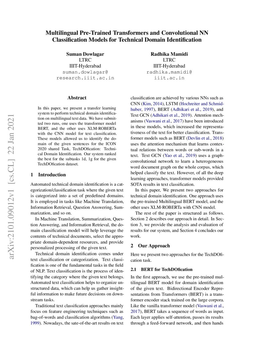 Multilingual Pre-Trained Transformers and Convolutional NN Classification Models for Technical ...