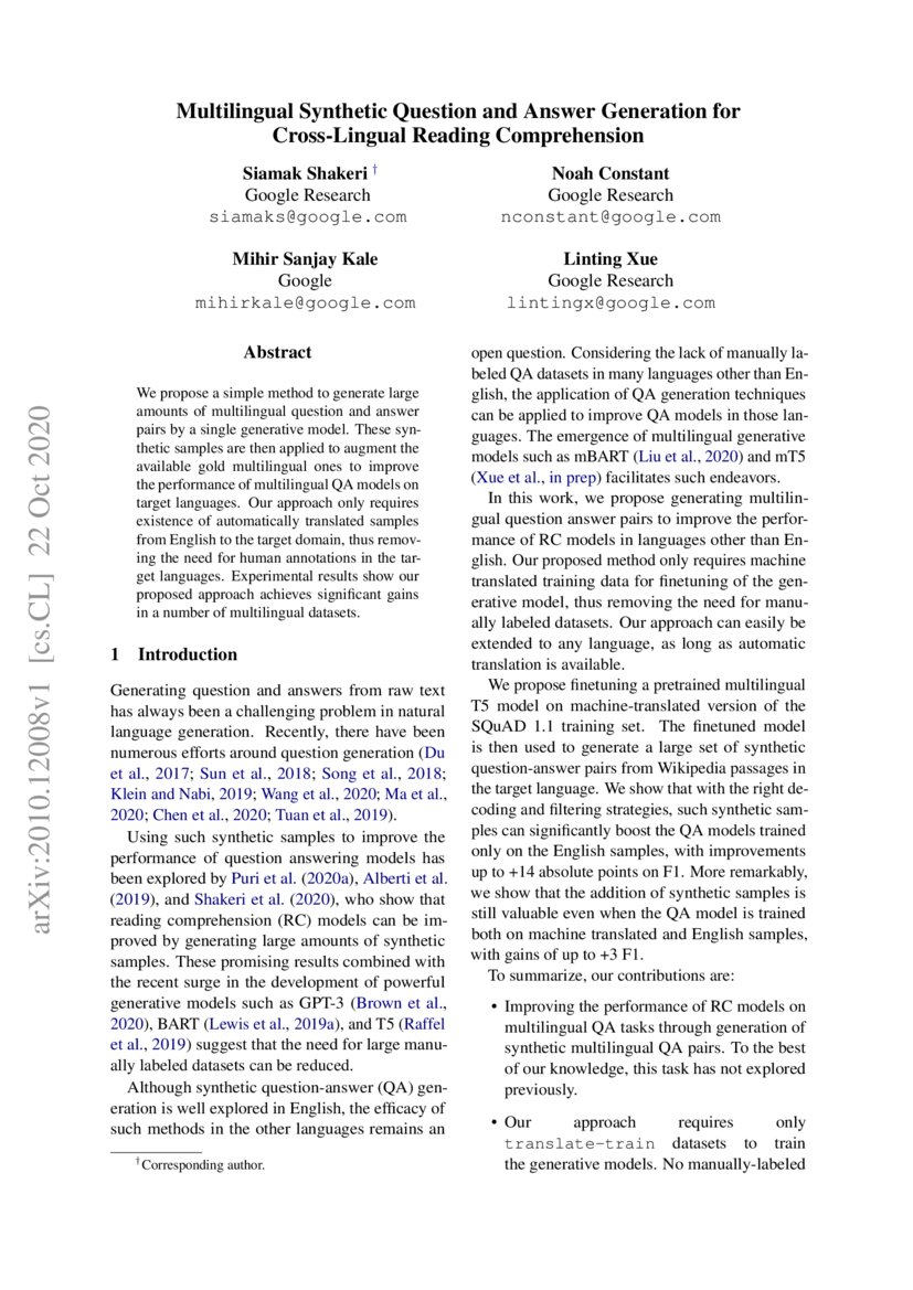 Multilingual Synthetic Question and Answer Generation for Cross-Lingual Reading Comprehension ...
