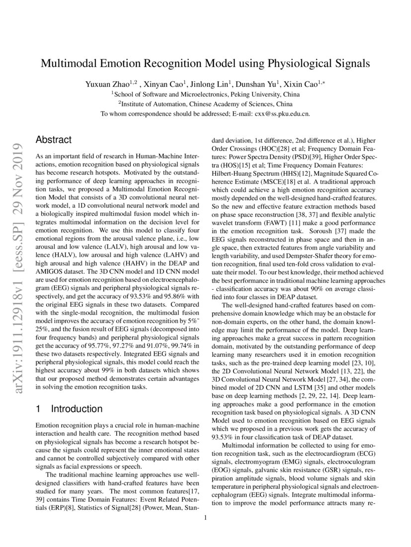 Multimodal Emotion Recognition Model Using Physiological Signals Deepai