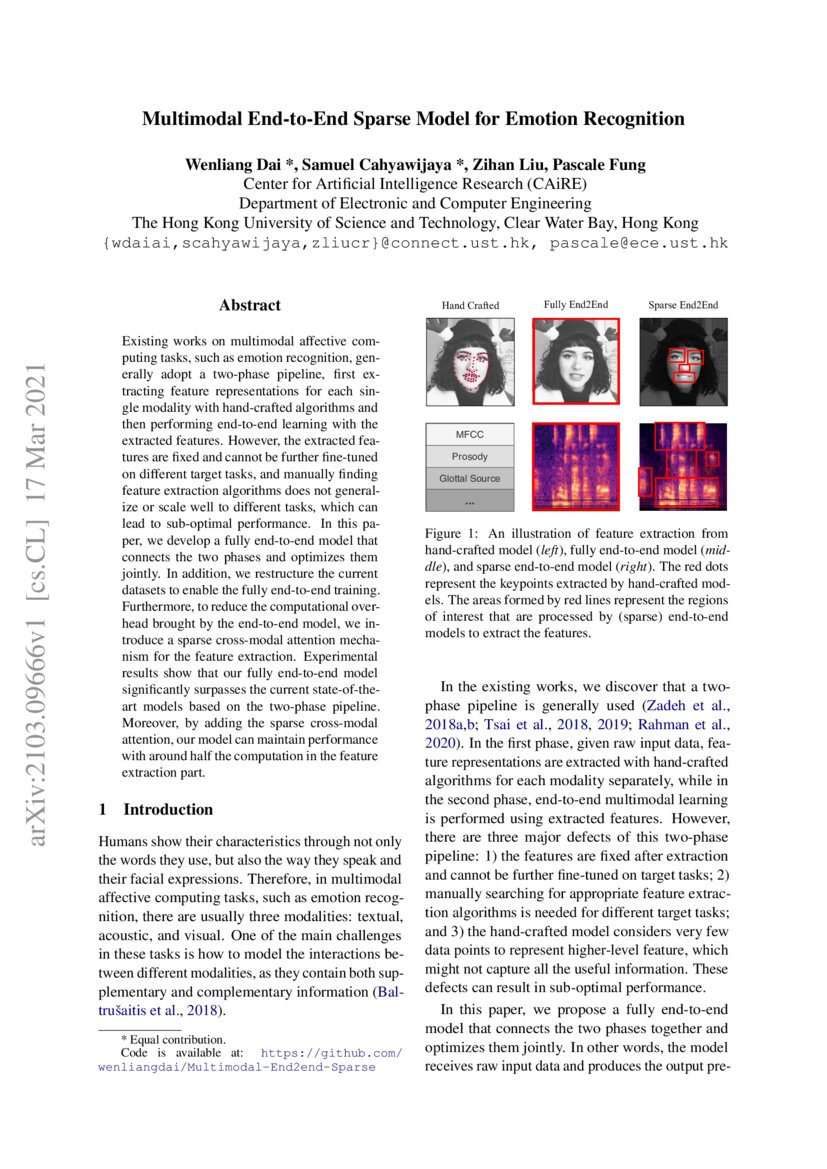 Multimodal End-to-End Sparse Model for Emotion Recognition | DeepAI