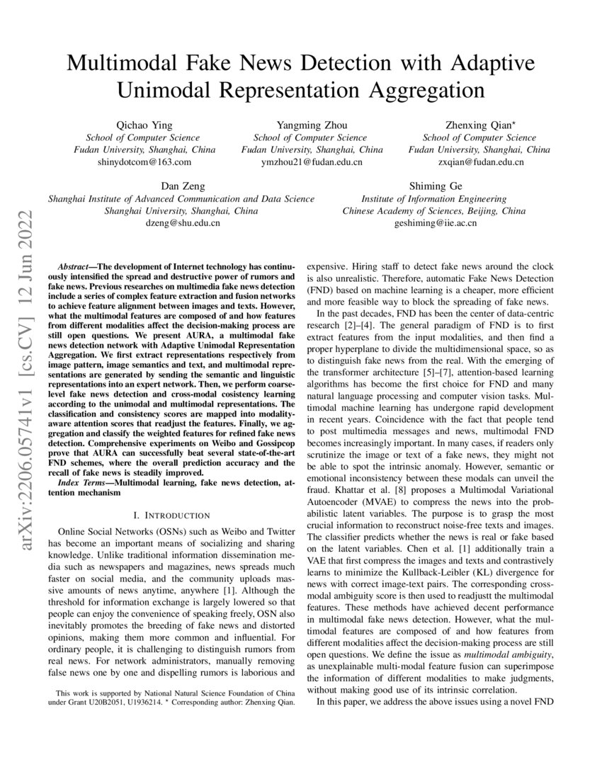 Multimodal Fake News Detection with Adaptive Unimodal Representation Aggregation | DeepAI