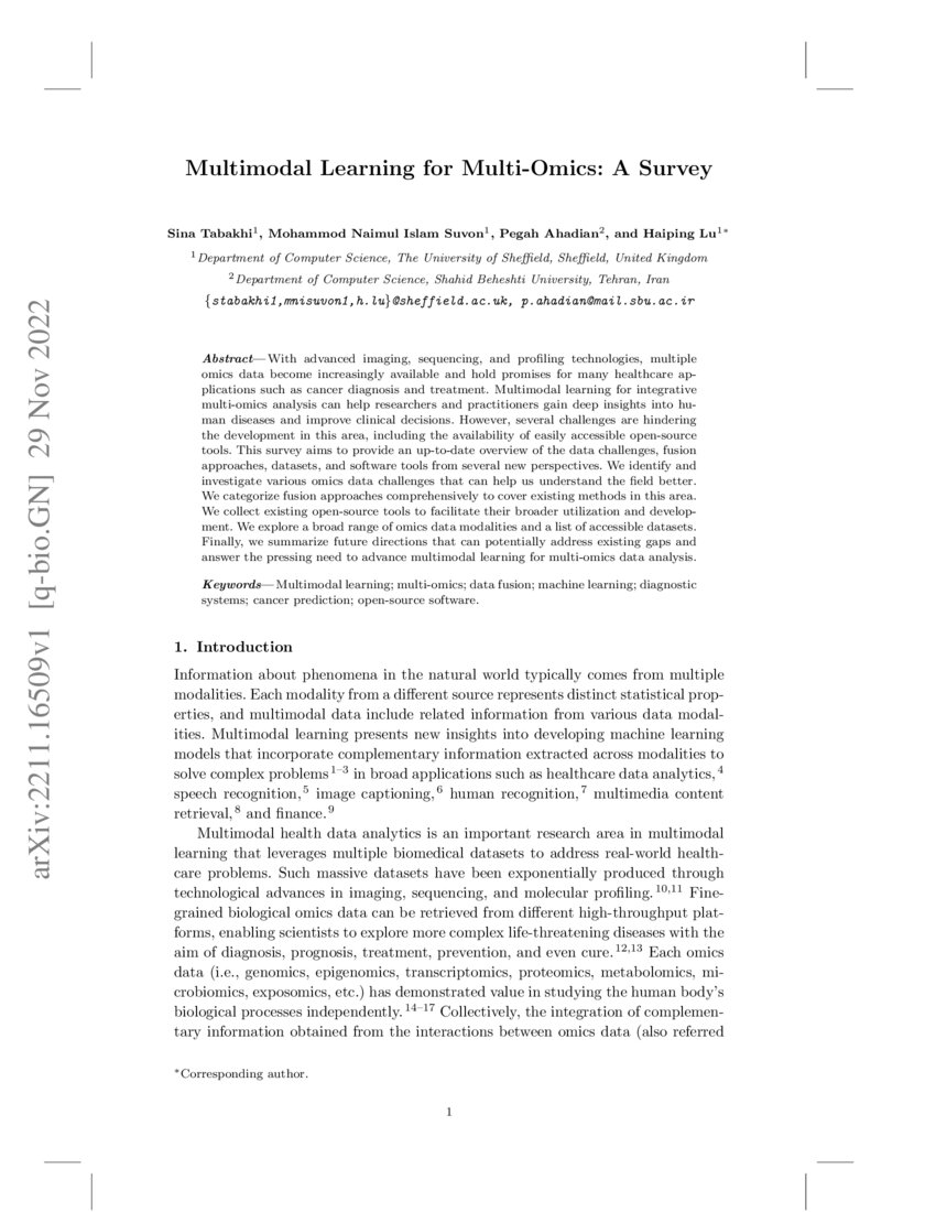 Multimodal Learning for Multi-Omics: A Survey | DeepAI