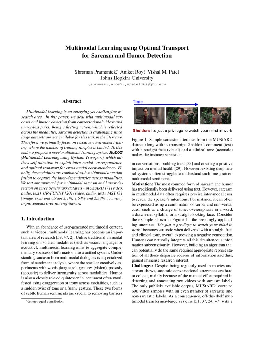 Multimodal Learning using Optimal Transport for Sarcasm and Humor Detection | DeepAI