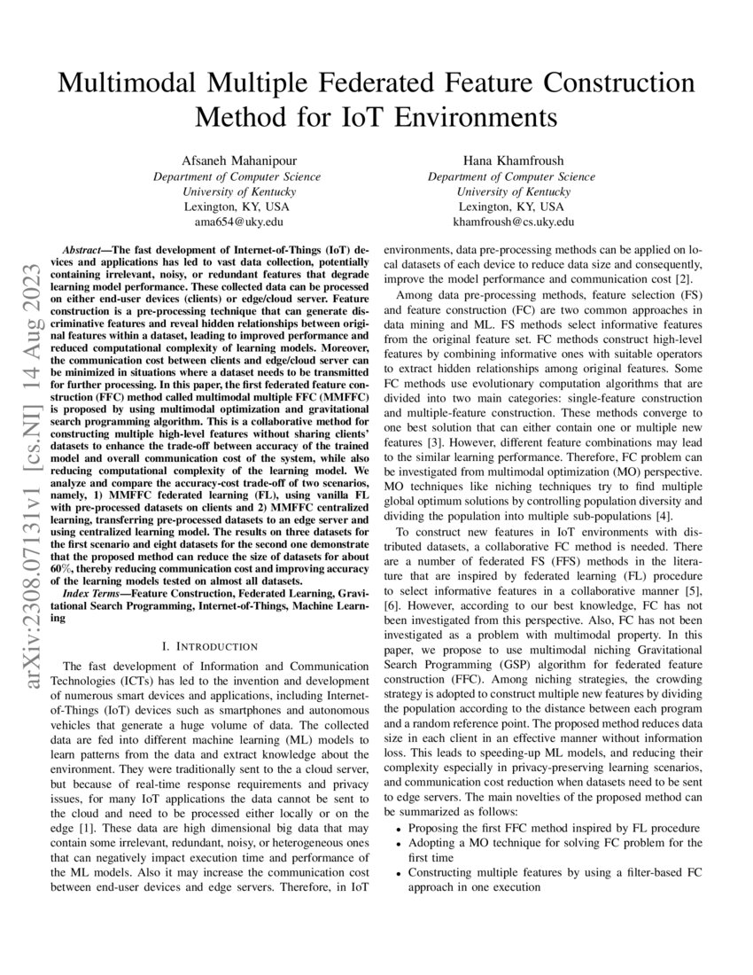 Multimodal Multiple Federated Feature Construction Method For Iot