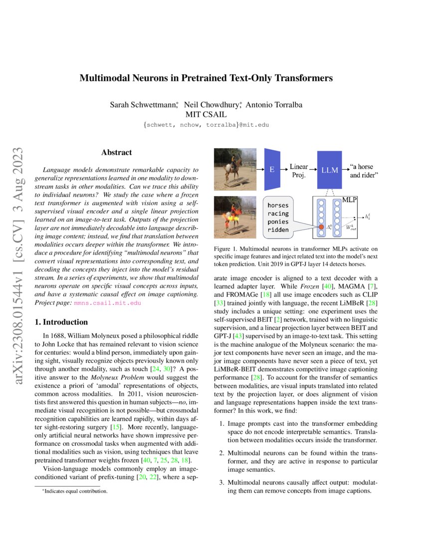 Multimodal Neurons in Pretrained Text-Only Transformers | DeepAI