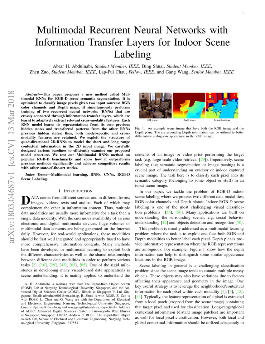 Multimodal Recurrent Neural Networks With Information Transfer Layers For Indoor Scene Labeling