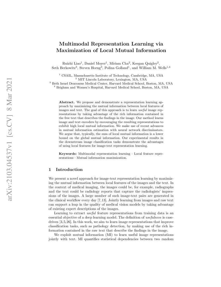 Multimodal Representation Learning via Maximization of Local Mutual Information | DeepAI