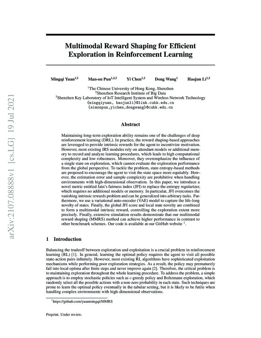 Multimodal Reward Shaping for Efficient Exploration in Reinforcement ... Multimodal Reward Shaping for Efficient Exploration in Reinforcement ...