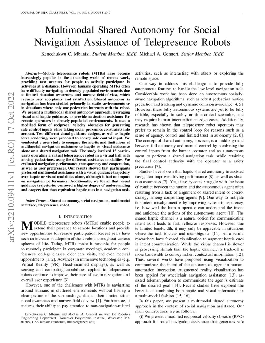 Multimodal Shared Autonomy for Social Navigation Assistance of Telepresence Robots | DeepAI