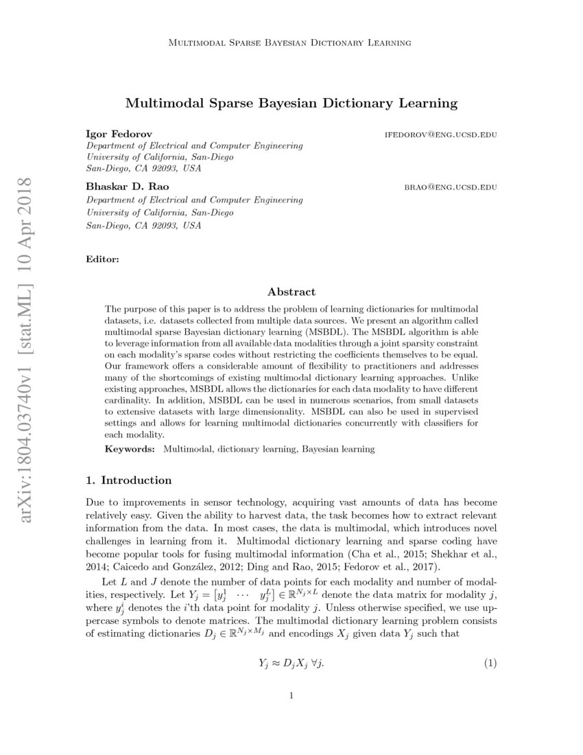 Multimodal Sparse Bayesian Dictionary Learning Deepai