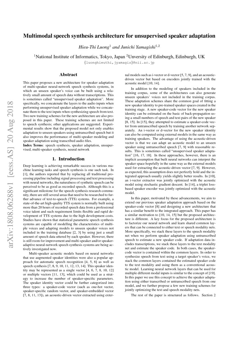 Multimodal speech synthesis architecture for unsupervised speaker adaptation | DeepAI