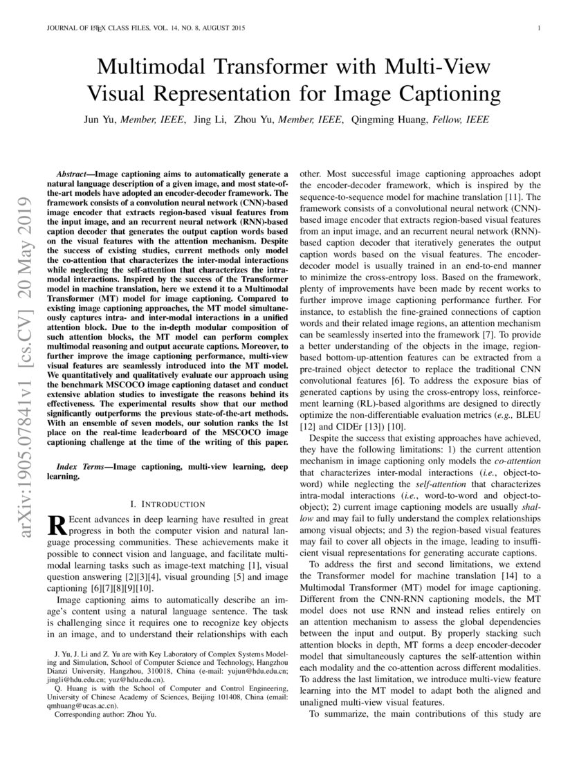 Multimodal Transformer With Multi View Visual Representation For Image Captioning Deepai