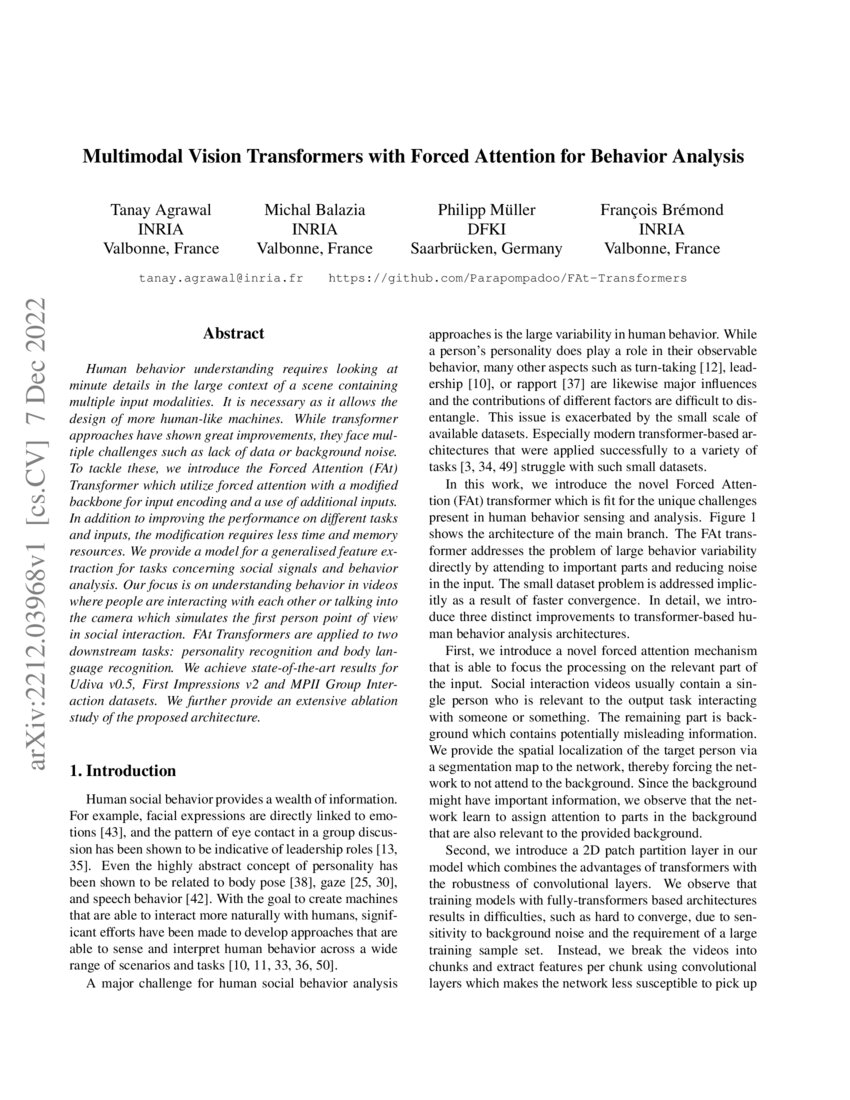 Multimodal Vision Transformers with Forced Attention for Behavior Analysis | DeepAI