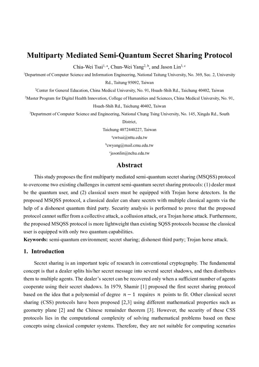 Multiparty Mediated Semi Quantum Secret Sharing Protocol Deepai 