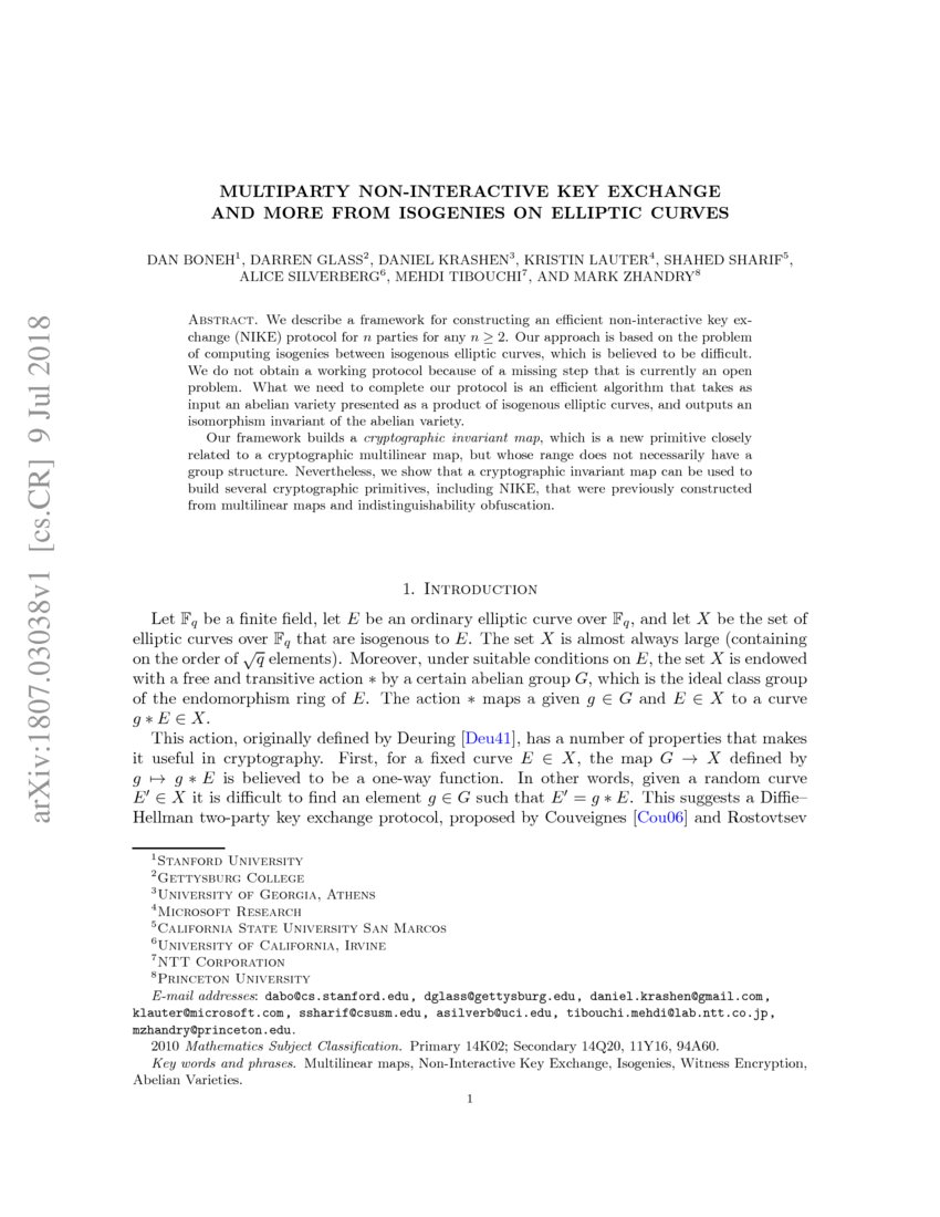 Multiparty Non-Interactive Key Exchange and More From Isogenies on ... Multiparty Non-Interactive Key Exchange and More From Isogenies on ...