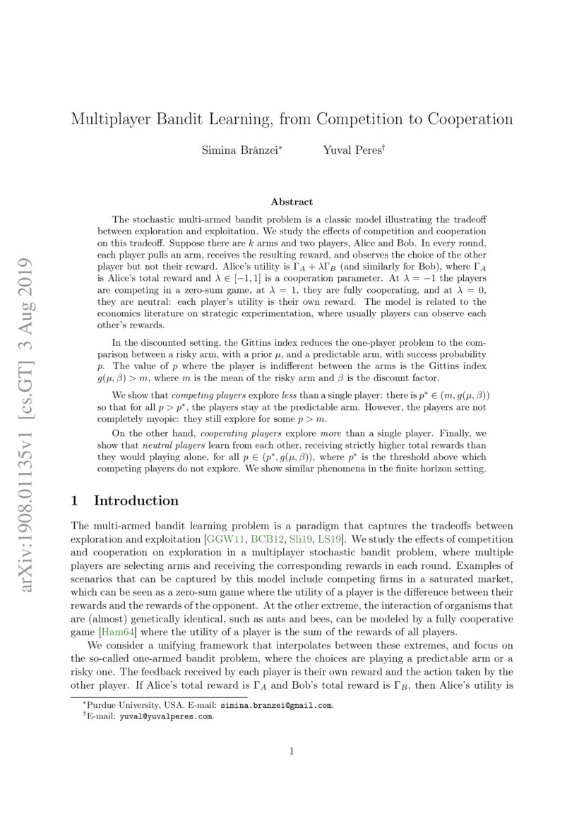 Multiplayer Bandit Learning, from Competition to Cooperation | DeepAI