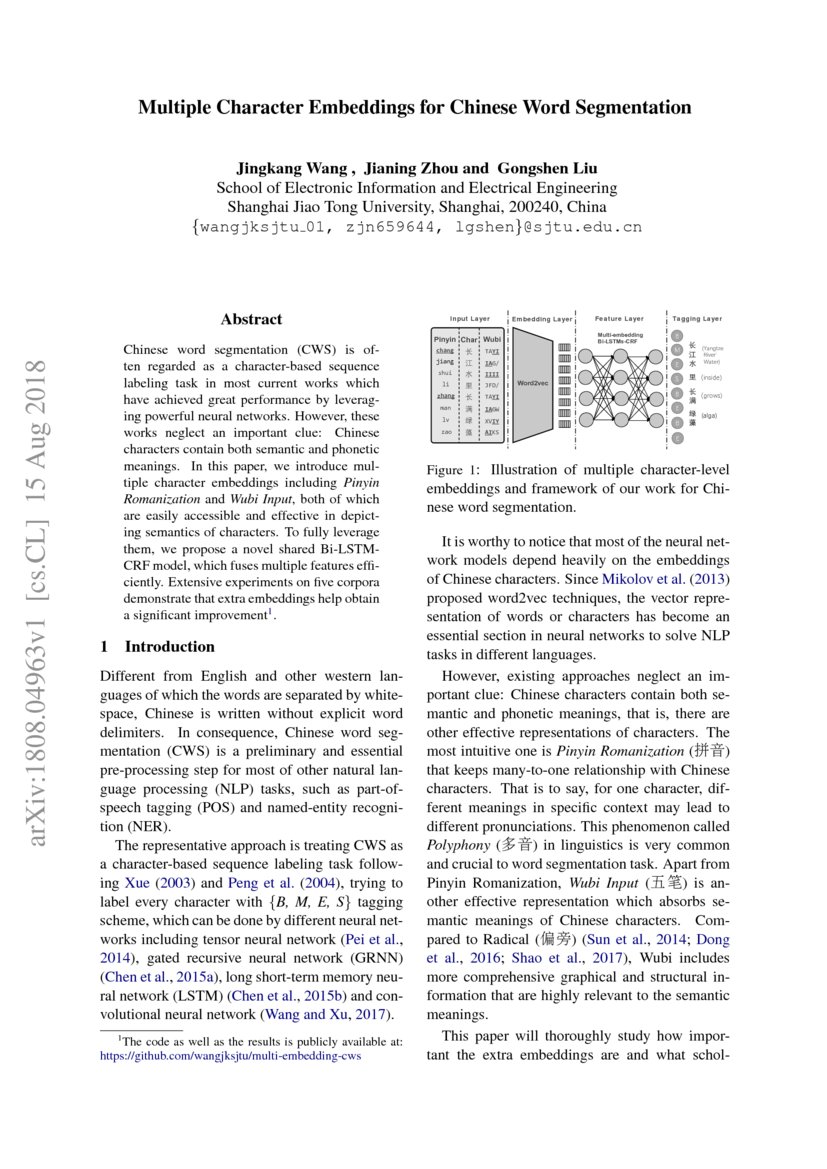 Multiple Character Embeddings for Chinese Word Segmentation | DeepAI