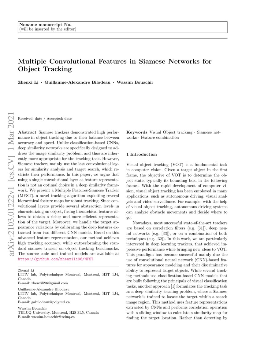 Multiple Convolutional Features in Siamese Networks for Object Tracking | DeepAI
