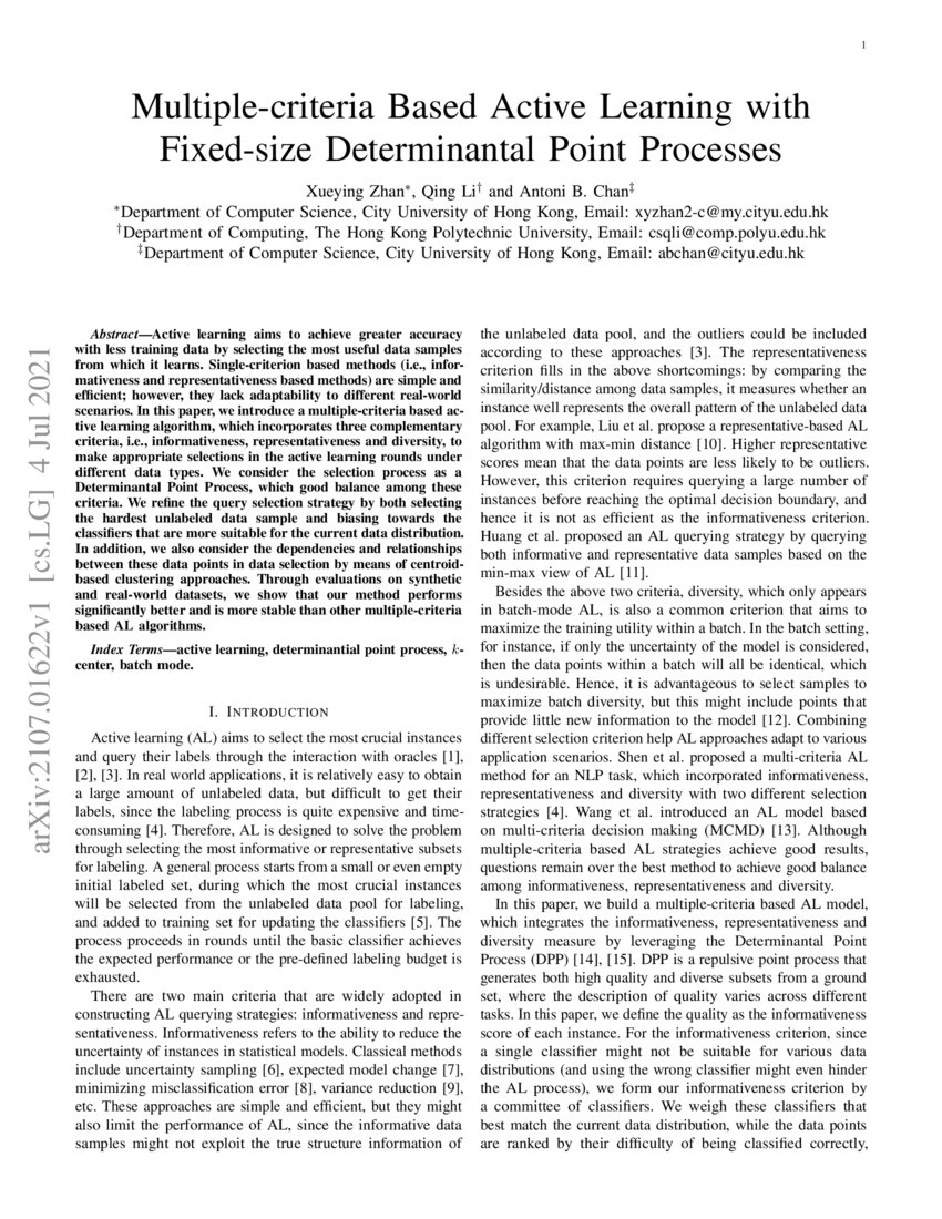 Multiple-criteria Based Active Learning with Fixed-size Determinantal Point Processes | DeepAI