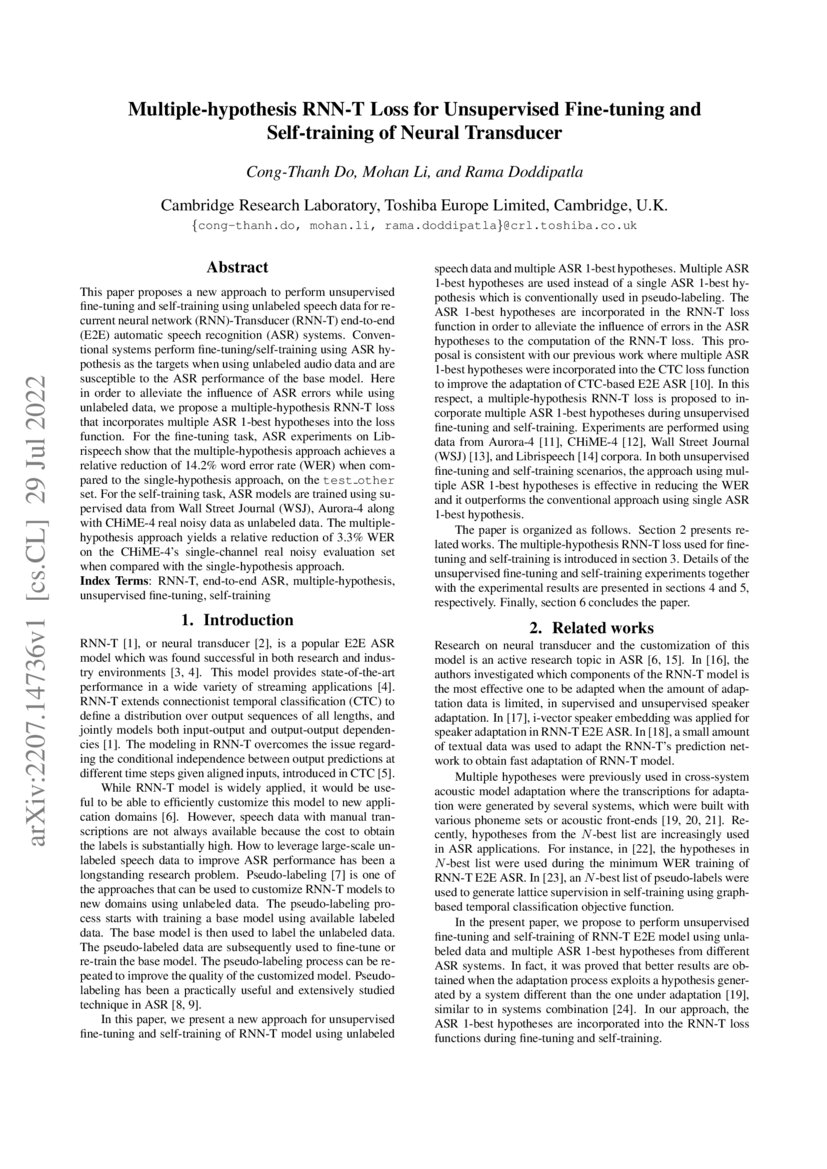 Multiple Hypothesis Rnn T Loss For Unsupervised Fine Tuning And Self Training Of Neural