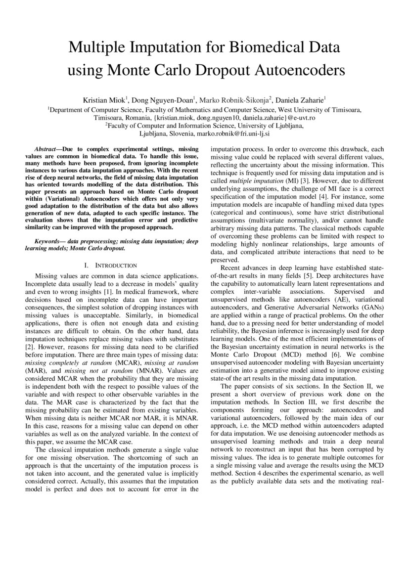 Multiple Imputation For Biomedical Data Using Monte Carlo Dropout