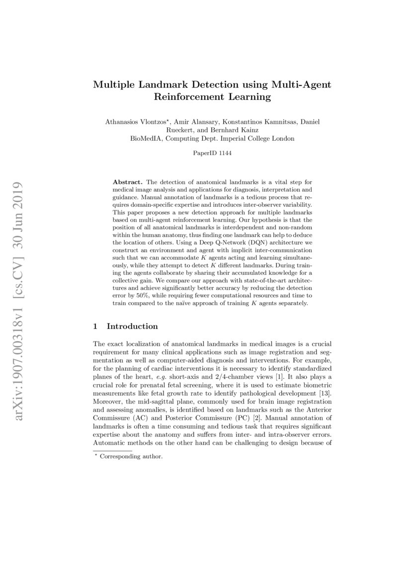 Multiple Landmark Detection using Multi-Agent Reinforcement Learning | DeepAI