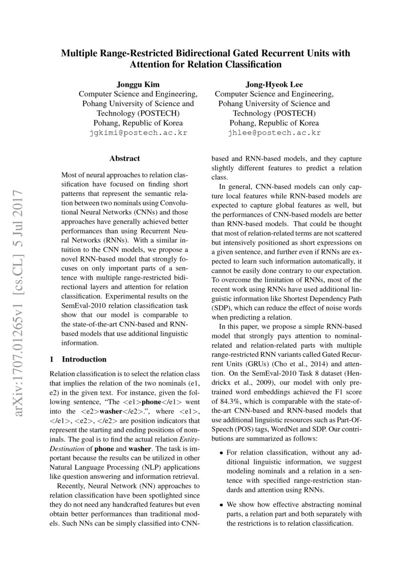 Multiple Range Restricted Bidirectional Gated Recurrent Units With Attention For Relation