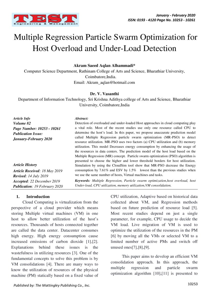 Multiple Regression Particle Swarm Optimization For Host Overload And Under Load Detection Deepai