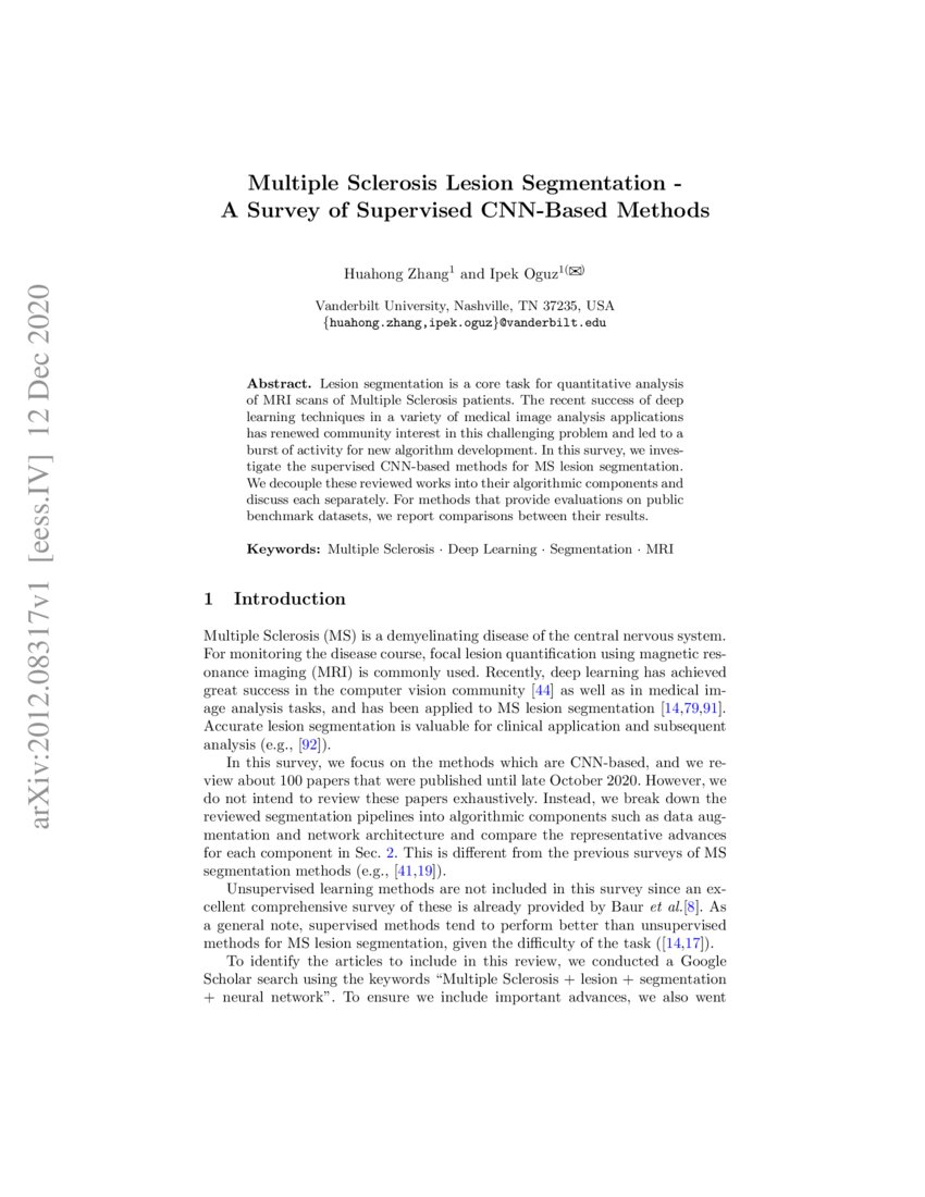Multiple Sclerosis Lesion Segmentation – A Survey of Supervised CNN-Based Methods | DeepAI