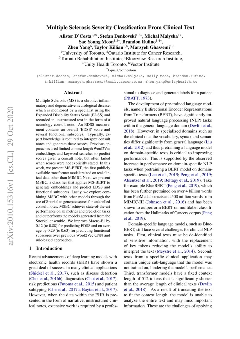 Multiple Sclerosis Severity Classification From Clinical Text | DeepAI