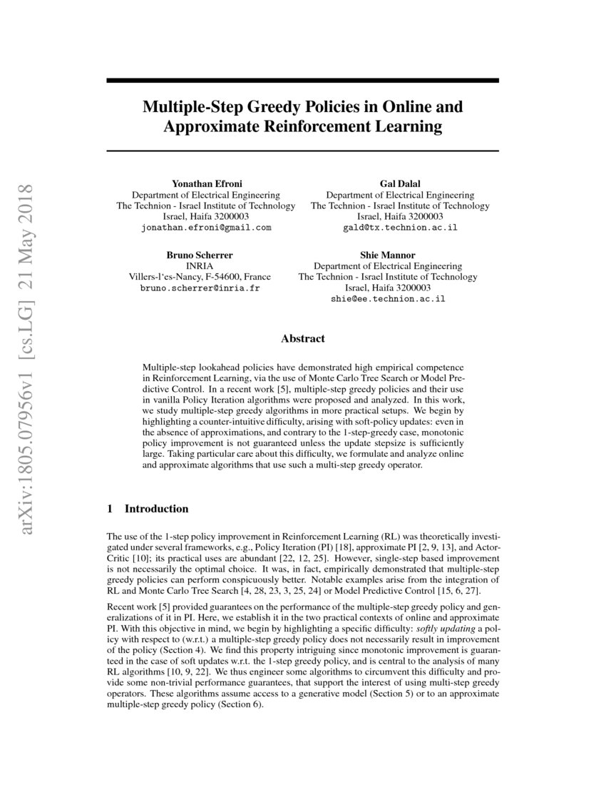 Multiple-Step Greedy Policies in Online and Approximate Reinforcement Learning | DeepAI