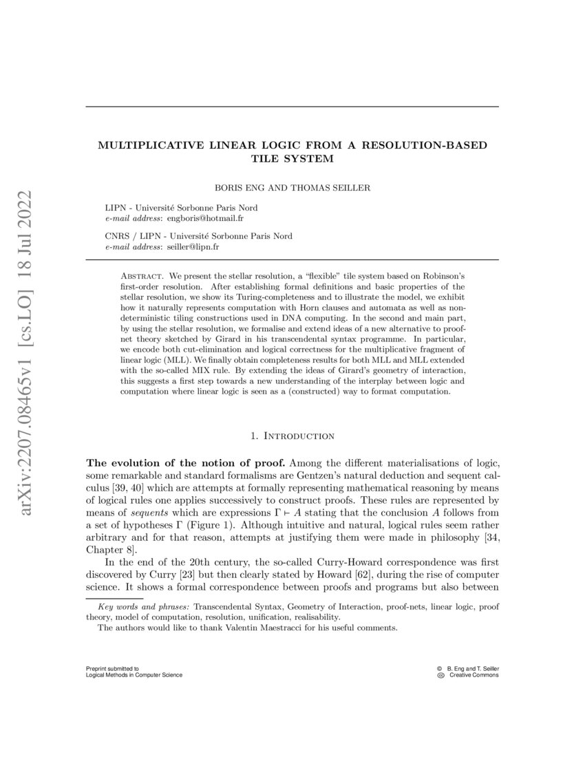 Multiplicative Linear Logic From A Resolution Based Tile System Deepai