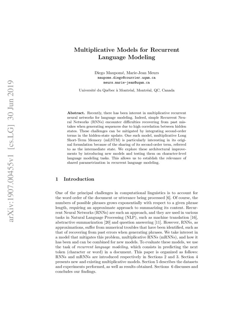 Multiplicative Models for Recurrent Language Modeling | DeepAI