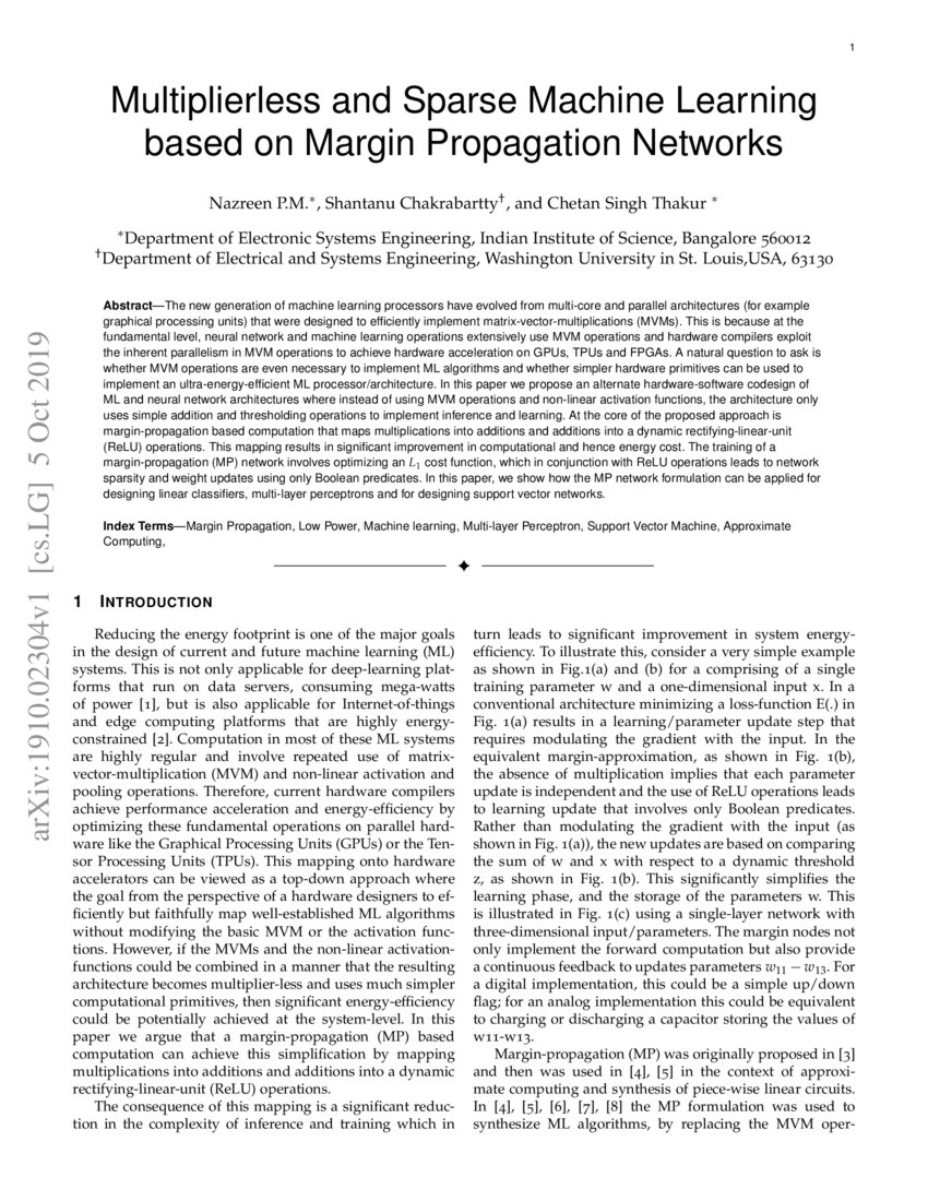 Multiplierless And Sparse Machine Learning Based On Margin Propagation Networks Deepai